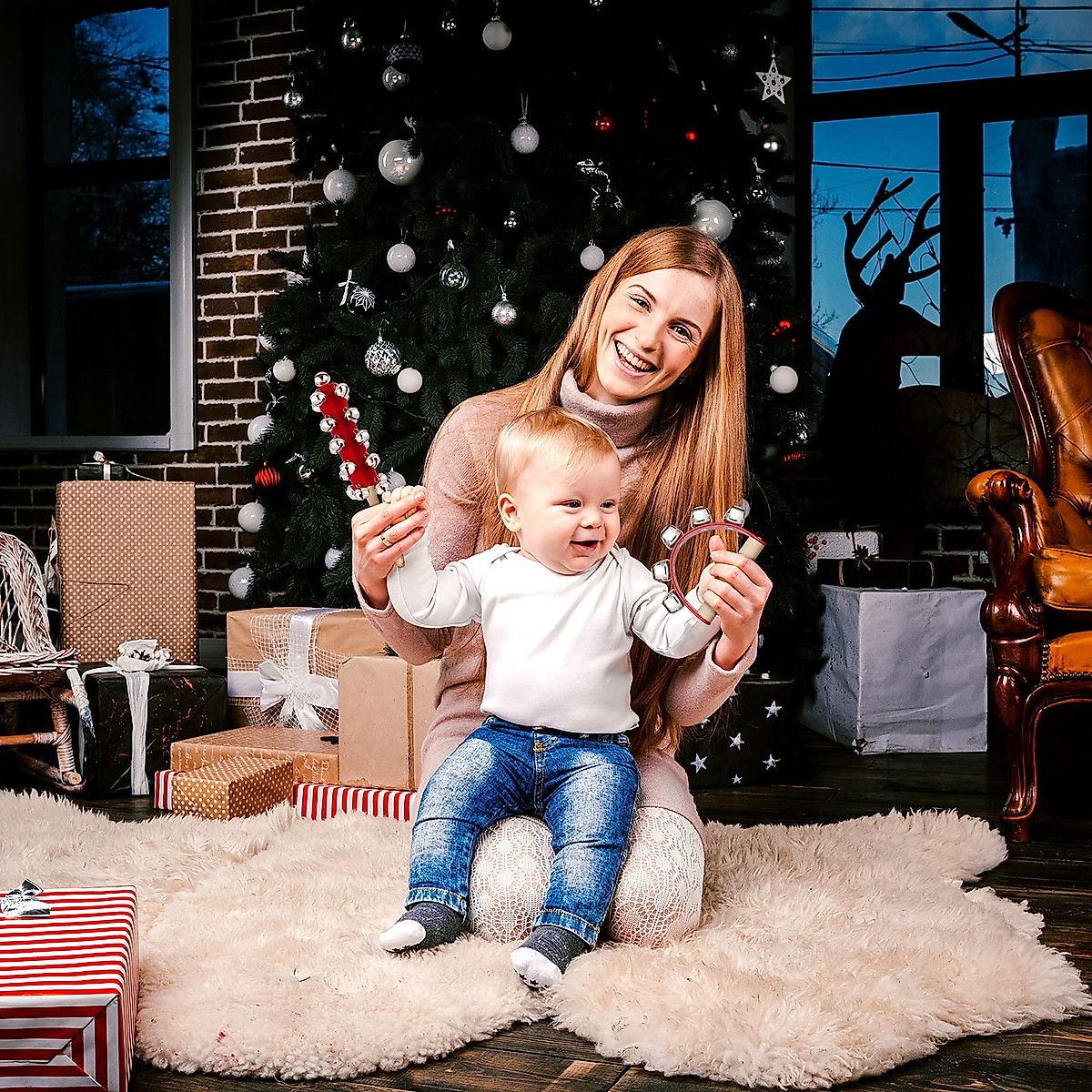 6 Pieces Christmas Hand Jingle Bells Wooden Hand Sleigh Bells Jingle Shaker Bells Handhold Bell Rattles Musical Bell Instruments Handheld Bells Holiday Christmas Decor (Red)