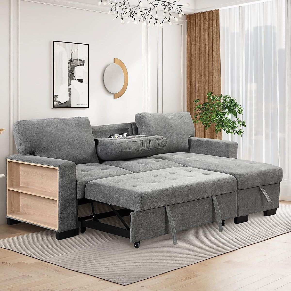 Polibi L-Shape Convertible Sofa with Storage Chaise, USB Charger, Cup Holders and Side Shelves, Velvet Multifunctional 3-Seat Couch, Pull-Out Sleeper Sofa Bed for Living Room, Bedroom, Grey