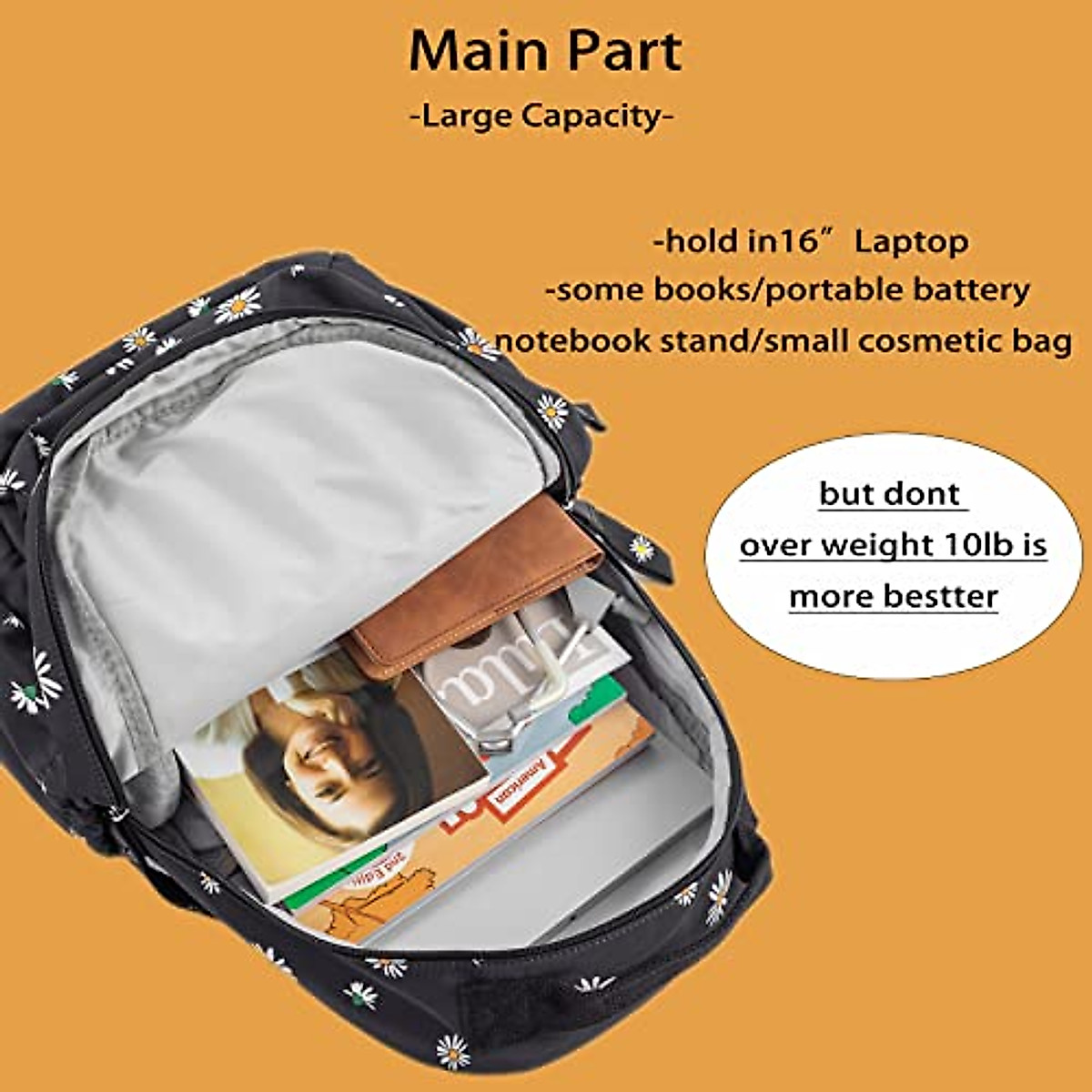 YYDCBA Large Capacity Casual Backpack Small Daisy Print Lightweight Waterproof Campus Dayily Backpack,School,Camping,Hiking