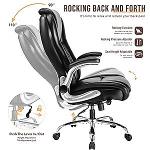 High Back Office Chair with Flip-up Armrests - Lifting Headrest, Built-in Adjustable Lumbar Support, Comfortable Home Office Chair, Executive Office Chair, Ergonomic Design, Sturdy Metal Base