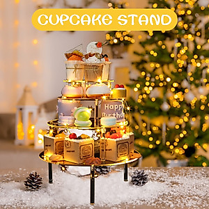 4 Pieces Round Acrylic Cake Stand for Dessert Table, Clear Cupcake Display Stand, 4 Tier Risers Pizza Holder with LED Light String for Wedding Birthday Party, 4 Sizes