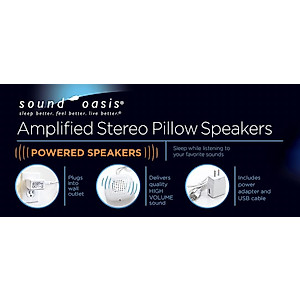 Sound Oasis Amplified Pillow Speakers, 2 Ultra-Thin Hi-Fi Stereo Speakers, Volume Control, Surround Sound for Music, Sleep, Tinnitus Masking, Connects to External Sound Source.