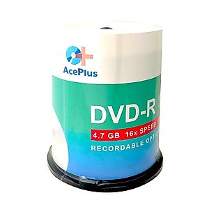 AcePlus 100 Shiny Silver DVD-R Recordable Discs with Metalized Hubs in 16x Recording Speed and 4.7 GB of Data (100-pk Cakebox)