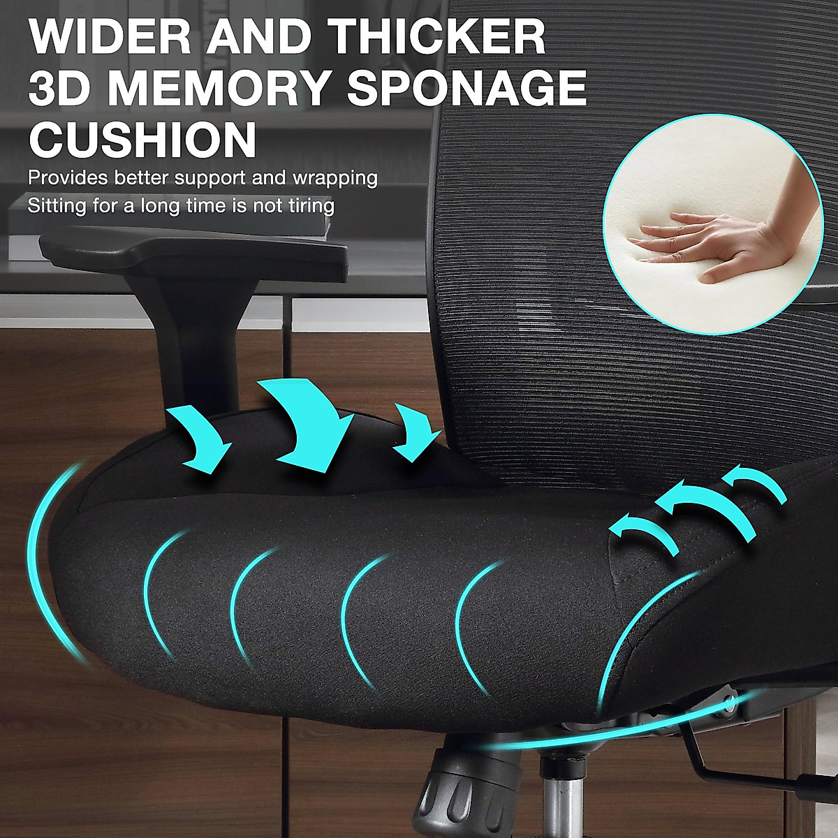 Blue Whale 500lbs Big and Tall Office Chair Widen 3D Cushion Ergonomic Office Chair with 4D Armrests and Adjustable Lumbar Support Office Desk Chair for Adult Heavy Duty Mesh Computer Chair