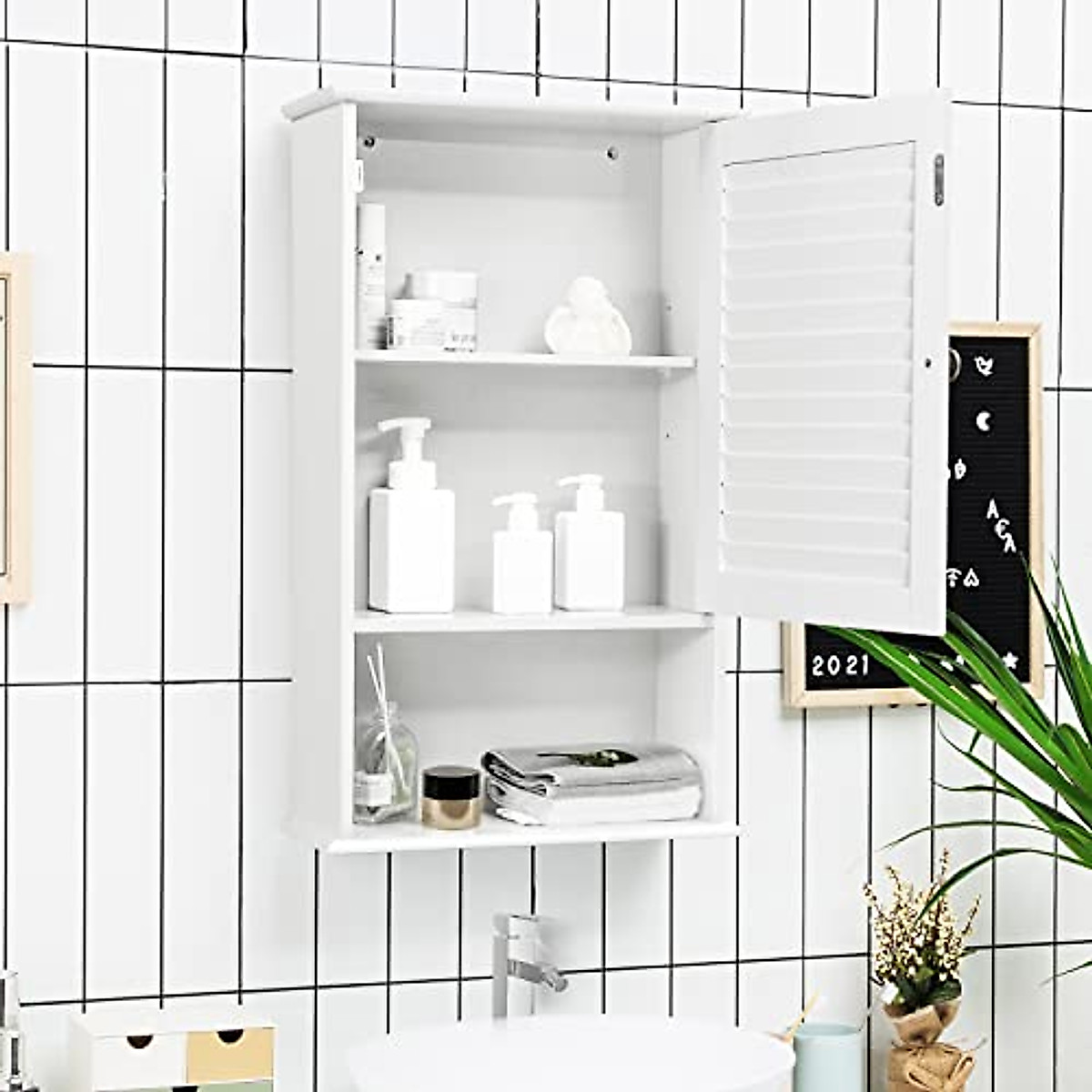Tangkula Medicine Cabinet, Wall Mounted Bathroom Cabinet Single Door Wooden Bathroom Wall Cabinet with Adjustable Shelf