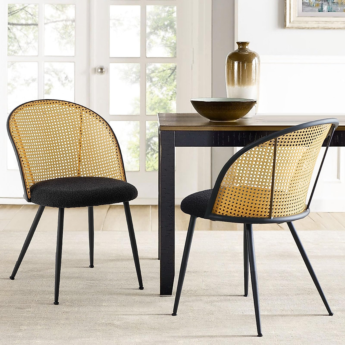 Dining Chairs Set of 4, Mid Century Modern Dining Room Chairs with Full Rattan Back, Boucle Fabric Upholstered Kitchen Dining Chairs Farmhouse Armless Mesh Cane Back Side Chairs with Metal Legs, Black