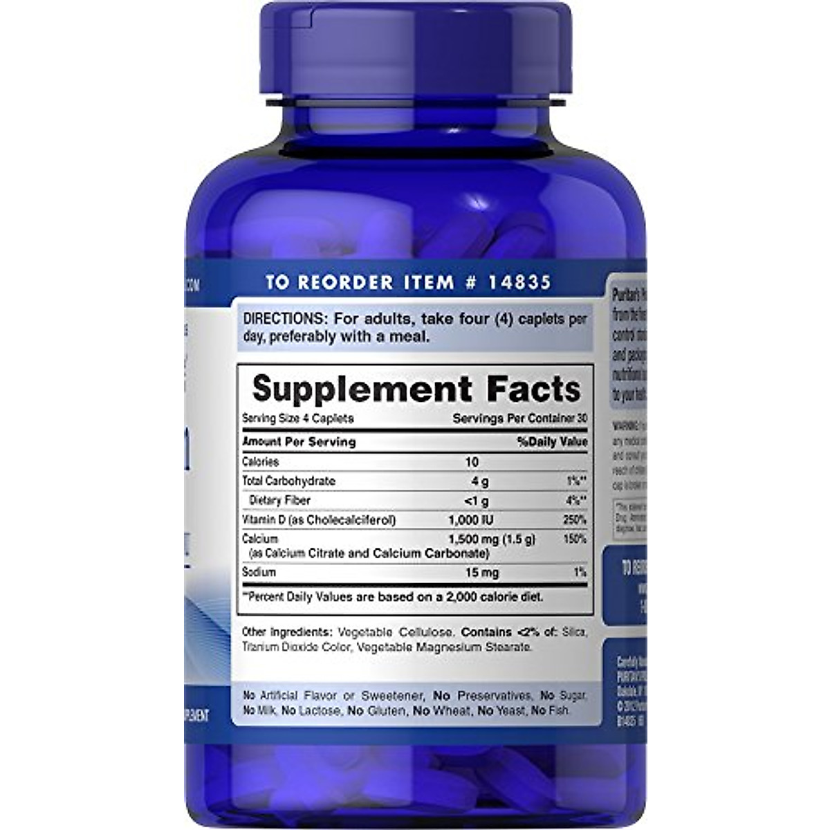 Puritan's Pride Calcium 1500 mg with Vitamin D 1000 IU-120 Coated Caplets, 120 Count (Pack of 1) (14835)