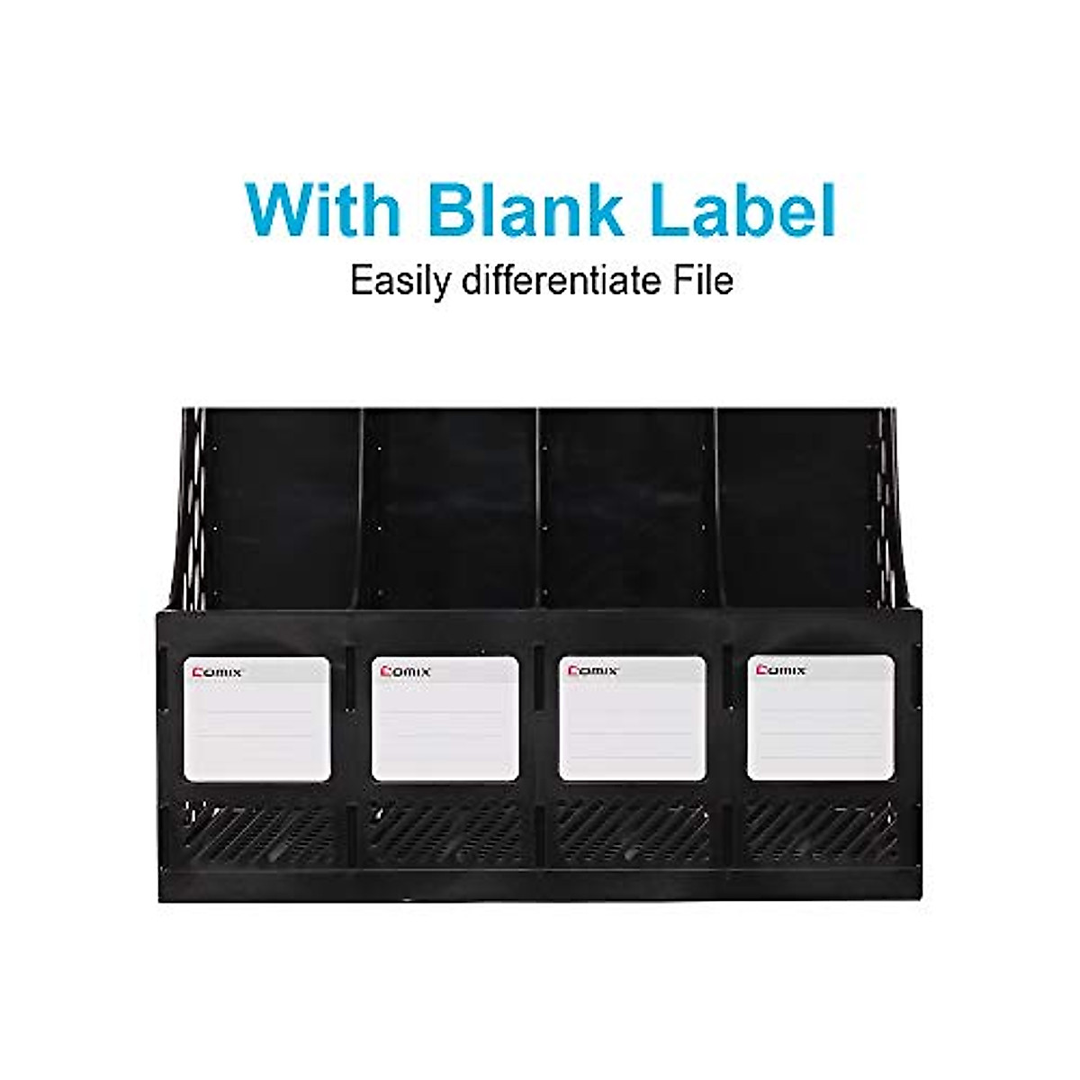 Comix Magazine File Holder, Sturdy Plastic Desk Organizers and Storage File Folder for Office Organization, Binder Organizer with 4 Compartments Storage Organiser Box, Black