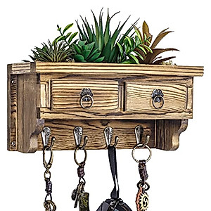 MyGift Wall Mounted Rustic Solid Burnt Wood Entryway Key Organizer Rack Floating Shelf with Decorative Artificial Succulent Plant Box with Faux Vintage Drawers and 4 Hooks