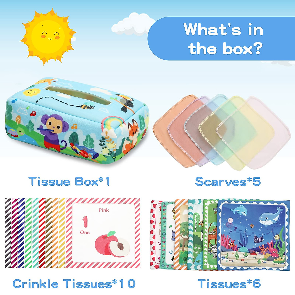 QDRAGON Baby Tissue Box Toy Montessori, 22PCS Tissue Box Toy for Babies 6-12 Months, Baby Crinkle Toys with Soft Crinkle Papers and Silk Scarves, Sensory Pull Toys Gifts for Infants, Newborns