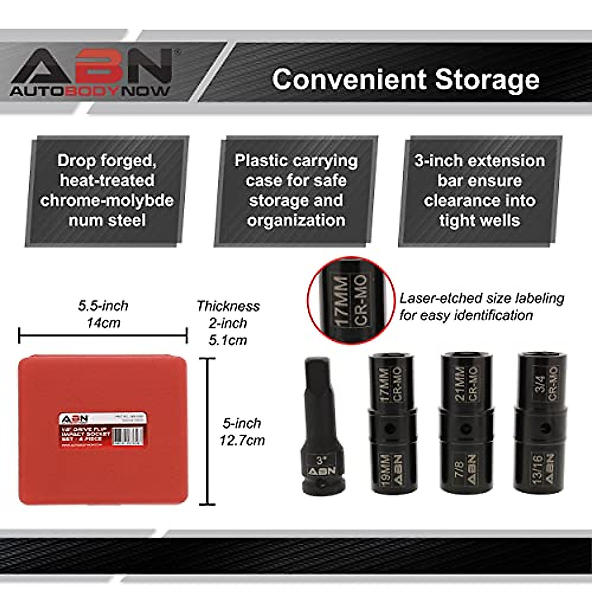 ABN Double Side Socket 4-Piece Impact Lug Nut Socket Set - 1/2 inch Drive Flip Sockets Thin Wall Tire Sockets
