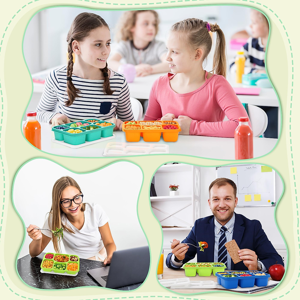 Bento Lunch Box Snack Containers, Reusable Meal Prep Lunchable Containers for Adults Kids, Stackable Bento Snack Box 4 Pack, 6 Compartment Divided Food Containers, Sauce Container, Bright Colors