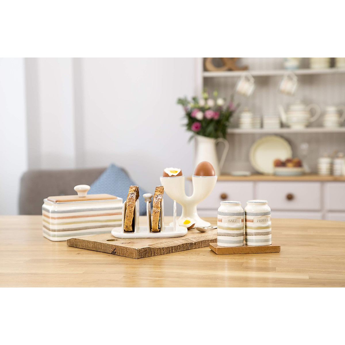 Kitchen Craft Classic Collection Striped Ceramic Butter Dish with Lid-Cream, 15 x 11 x 9.5 cm