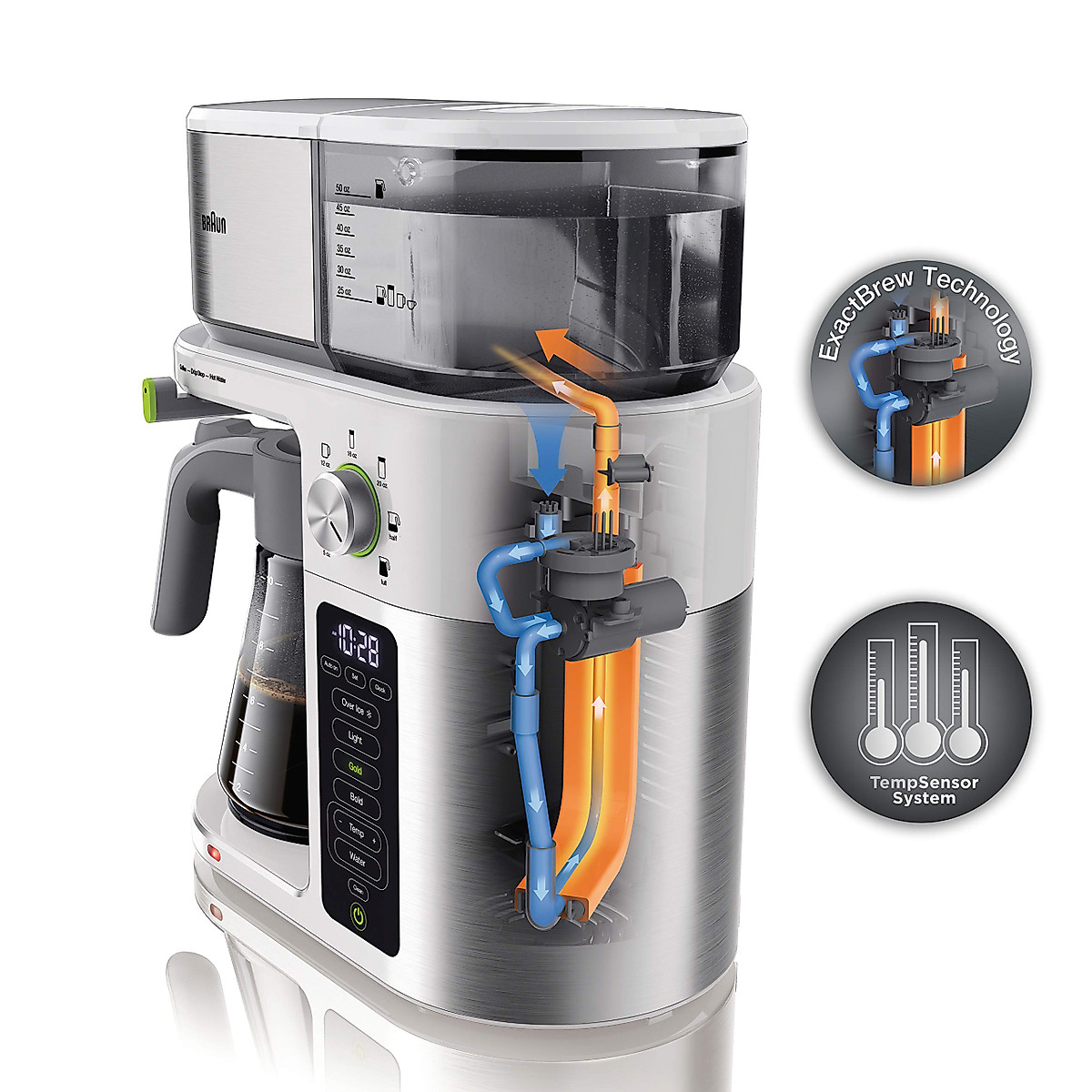 Braun MultiServe Coffee Machine 7 Programmable Brew Sizes / 3 Strengths + Iced Coffee & Hot Water for Tea, Glass Carafe (10-Cup), White, KF9150WH