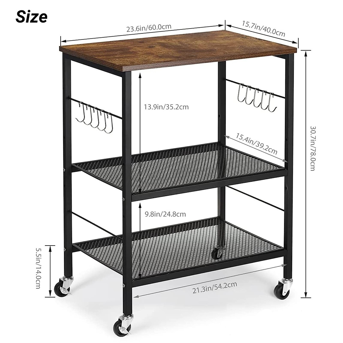 LIANTRAL Rolling Cart, 3-Tier Utility Microwave Bar Coffee Cart Kitchen Storage Shelf On Wheels, Brown Large Side End Table Nightstand for Home Office