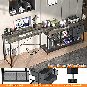 Homieasy Reversible L Shaped Desk with Power Outlet, Corner Computer Desk with Drawers and Storage Shelves, L-Shaped Long Home Office Desk Study Writing Desk Gaming Desk, Grey Oak