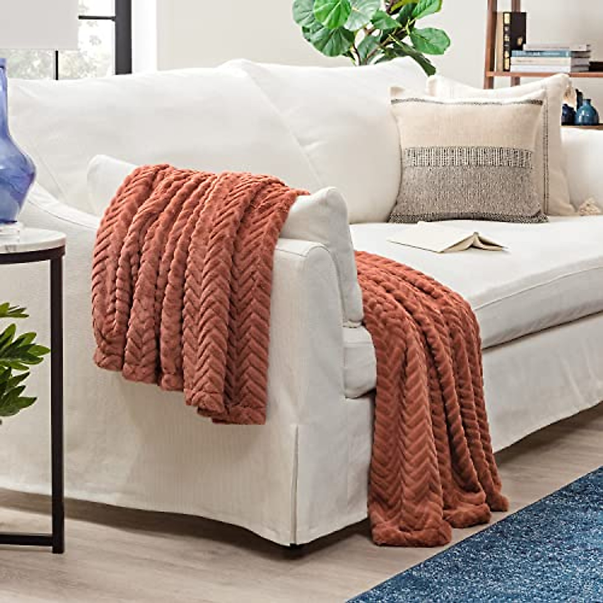 Chanasya Soft Faux Fur Embossed Throw Blanket - Solid Color Fuzzy Double Layered Super Soft Cozy Plush Elegant Burnt Orange Throw - for Bed Couch and Living Room (50x65 Inches) Rust Blanket