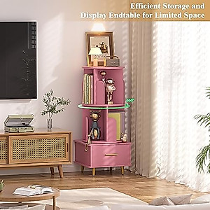 Cyclysio 360 Rotating Nightstand, 35'' Tall Pink Night Stand with Shelves, Narrow Bedside Table with Drawer, Modern Slim Nightstand for Small Space, Small High Side Table, Bedroom, Sofa Side, Pink