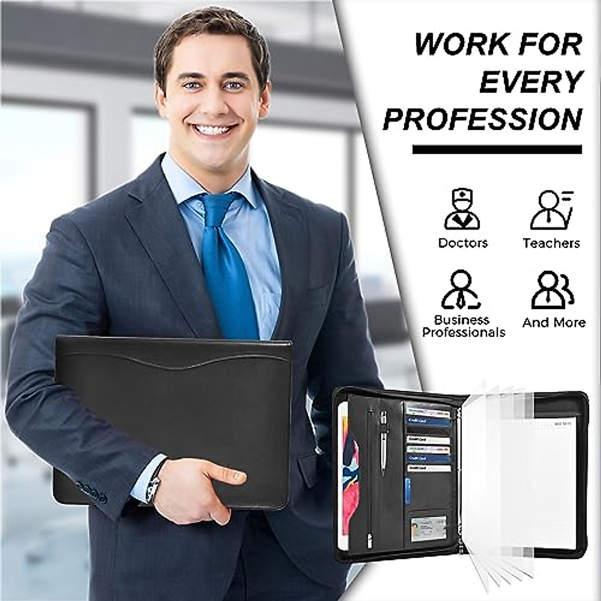 Deziliao 3-Ring Padfolio Portfolio Binder Organizer, Document Organizer Folio, 10.4 Inch PU Leather Business Portfolio with Zipper, Business Planner Notebook Organizer for Women/Men（Black）