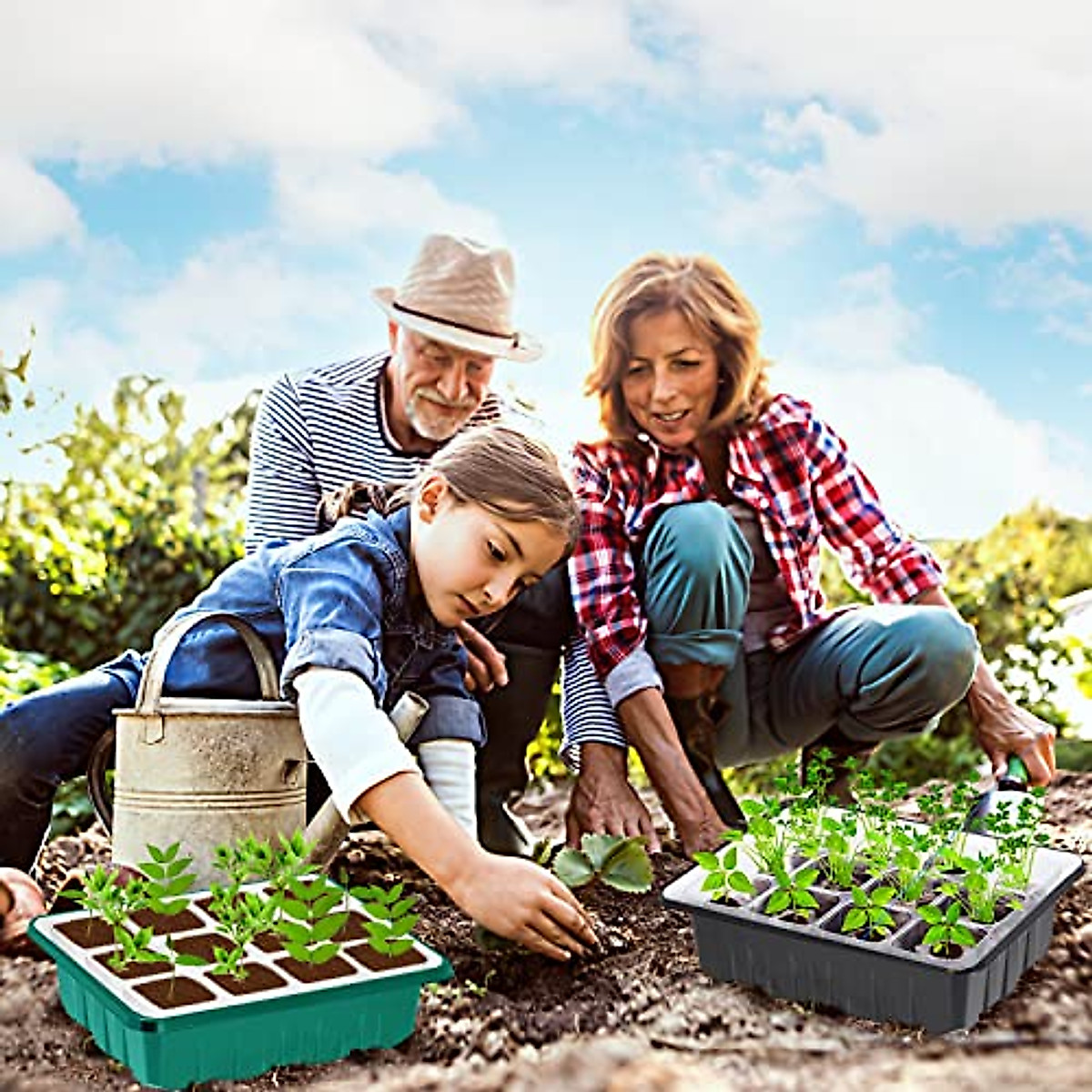 5 Pack Seed Starter Tray with Grow Light, Reusable Seedling Starter Kit with Air Vent Humidity Dome, 60-Cells Drain Hole Tray for Greenhouse Plant Seed Growing Germination Propagator (Black)