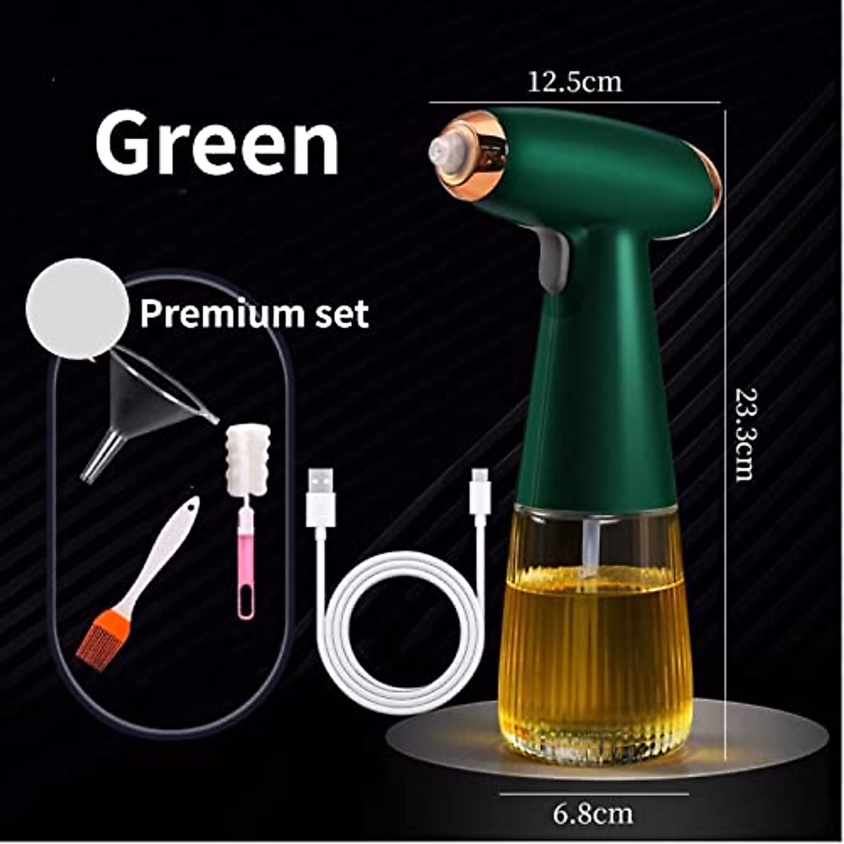 ZHIVIQ Electric Oil Sprayer for Cooking 200ML Olive Oil Mister 0.4mm Fine Mist Automatic Oil Spritzer Dispenser Bottles for Air Fryer Salad Kitchen Baking Frying BBQ Roasting (Premium set, Green)