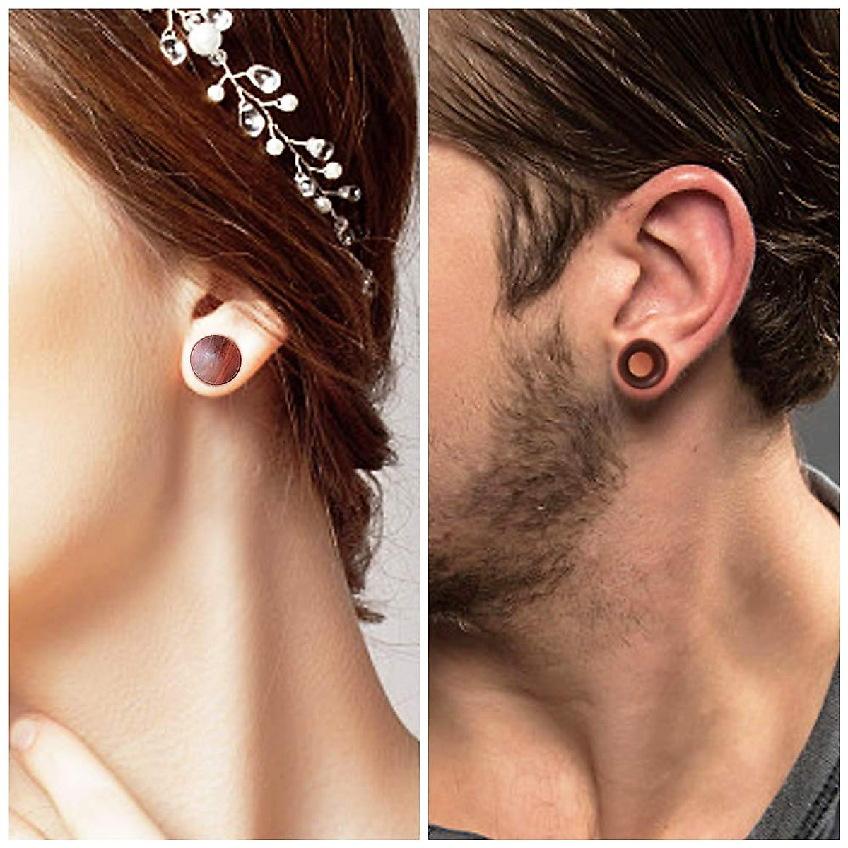 Longbeauty 2Pair Vintage Brown Natural Wood Double Flared Hollow+Saddle Tunnels Ear Plugs Stretcher Gauges 8MM=0G