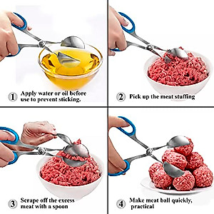 SANDEU Meatball Maker tongs 2 PCS None-Stick Meatball Maker with Detachable Anti-Slip Handles, Stainless Steel Meat Baller Scoops, Red & Blue Rubber Handles for Kitchen