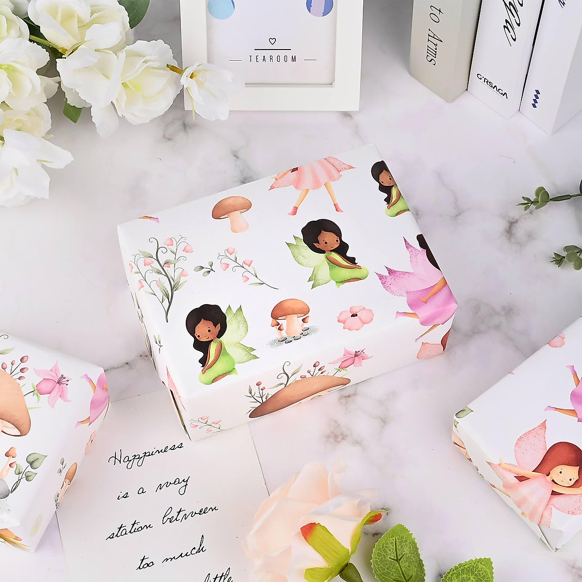 12 Sheets 28 * 20 Inches Woodland Fairy Wrapping Paper Mushroom Flowers Fairy Patterned Gift Wrap Paper for Baby Shower Spring Holidays Birthday Party DIY Craft