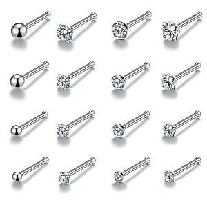 20g Nose Ring Surgical Steel 16pcs 20g Stainless Steel Nose Ring Stud for Women Straight Bar Nose Stud 1.5mm 2mm 2.5mm 3mm CZ Body Piercing for Women Men