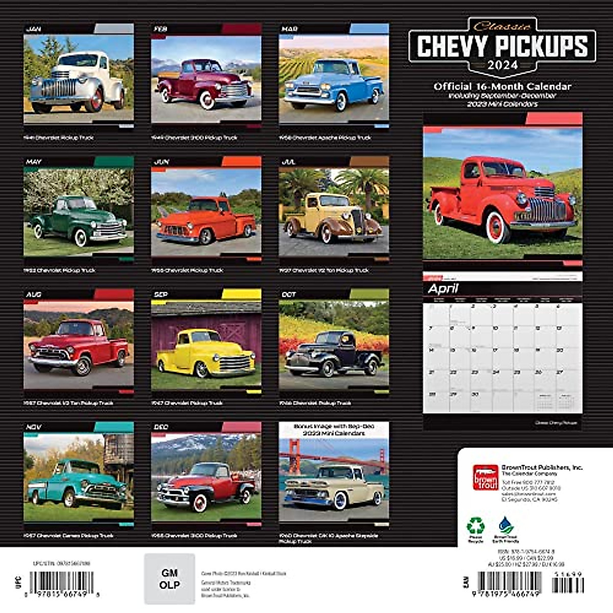 Classic Chevy Pickups OFFICIAL | 2024 12 x 24 Inch Monthly Square Wall Calendar | Foil Stamped Cover | BrownTrout | Chevrolet Motor Truck