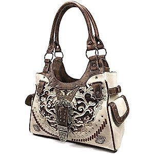Zelris Women Tote Handbag Western Gleaming Buckle Floral Cowgirl Concealed Carry Purse (Beige)