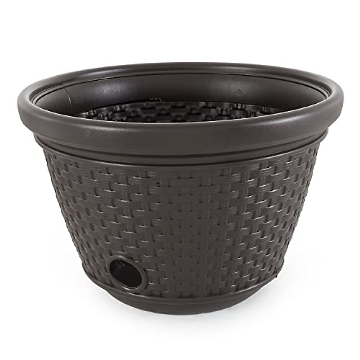 Suncast Heavy Duty Plastic Wicker Decorative Garden Water Hose Storage Holder Pot with Drain Holes for 100 Foot Hoses, Java, 2 Pack