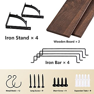 LAVIEVERT Floating Shelves Wall Mounted, Rustic Wood Shelves with 2 Towel Bars and 12 Removable Hooks, Decor Storage Shelves for Bedroom, Living Room, Bathroom, Kitchen, Office - Set of 2