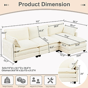 SAMERY Sectional Sofa Cloud Couch, 113" Big Comfy Couch L Shape Sofa Couch for Living Room Extra Deep Seat Sofa Couch Chenille Sofa Sleeper with Ottoman/Pillows, Cream White 3 Seat Sofa Cloud Couch