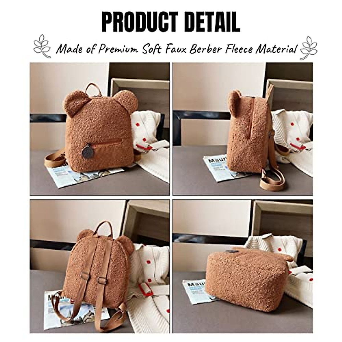 Kaupuar Fashion Fleece Sherpa Kawaii Backpack Fluffy Backpack Fuzzy School Bag Teen Girls Plush Bear Backpack (Black)