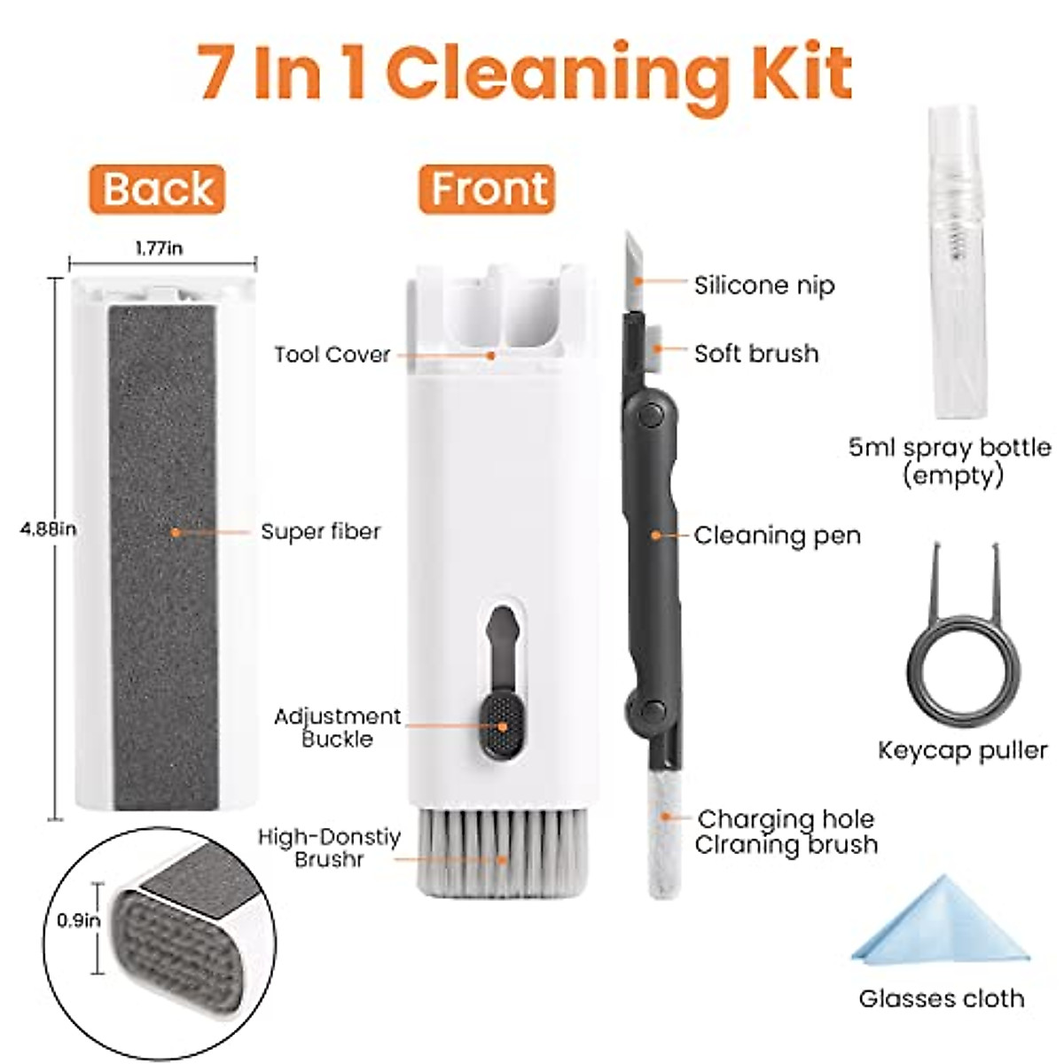 7 in 1 Electronic Cleaner kit, Cleaning Kit for monitor Keyboard Airpods MacBook iPad iPhone iPod, Screen Dust Brush Including Soft Sweep, Swipe, Airpod Cleaner Pen, Key Puller and Spray Bottle (Grey)