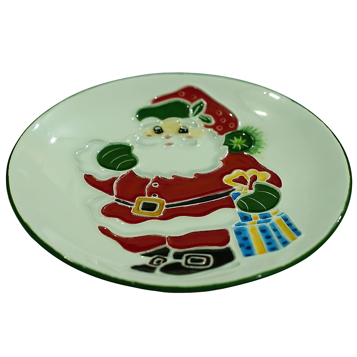 Anka Handcrafts - Christmas Home Decors – Santa with Gifts - Handmade & Handpainted Ceramic Plates with Unique Embossed Surface – w Navy Int. Velvet Case – Christmas for Homes 780