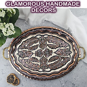 Antique Tray, Copper Turkish Tea Coffee Serving Tray, Decorative Table Tray, Centerpiece Tray, Table Decor Tray, Dining Tray, Handles for Bar Dresser Counter Women Kitchen Cups Hammered Party Oval