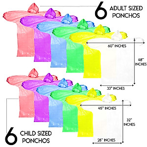 Lingito Rain Ponchos Family Pack | 12-Piece Emergency Drawstring Hood Poncho for Children and Adults | Lightweight Reusable or Disposable