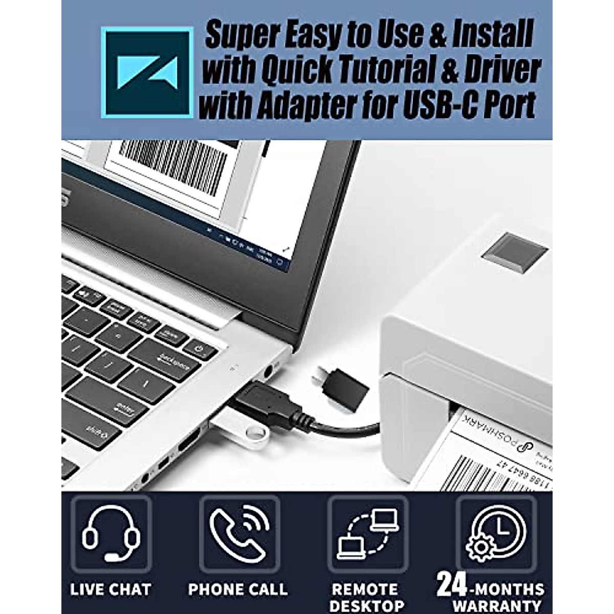 Memoking Thermal Shipping Label Printer with Label Holder - High Speed Desktop Label Printer for Shipping Packages for Windows & MacOS - HD 4x6 Shipping Label Printer for Small Business Package/Logo