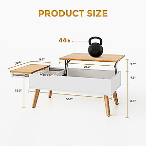 Bidiso Lift Top Coffee Table, Ten Minute Install Coffee Table Center Table with Hidden Storage Compartments, Rising Tabletop Dining Table Coffee Table for Living Room，Oak