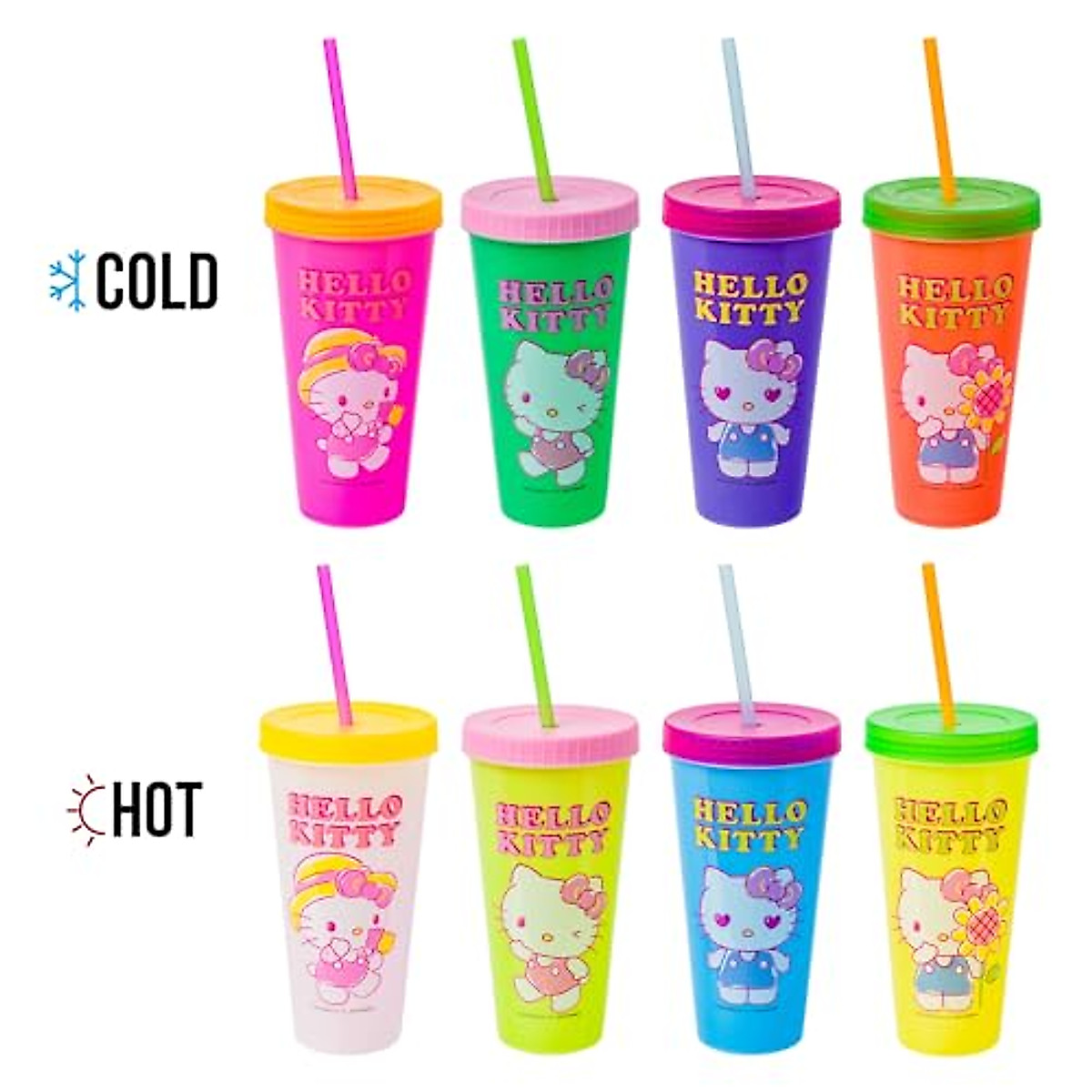Silver Buffalo Sanrio Hello Kitty Summertime Gardening 4-Pack Color Changing Plastic Tumblers Includes Lid and Straw, 24 Ounces