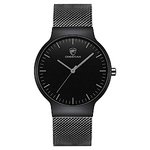 GOLDEN HOUR Men’s Watches Fashion Minimalist Thin 38mm Quartz Analog Waterproof Watch with Black Stainless Steel Mesh Band Gray Hands