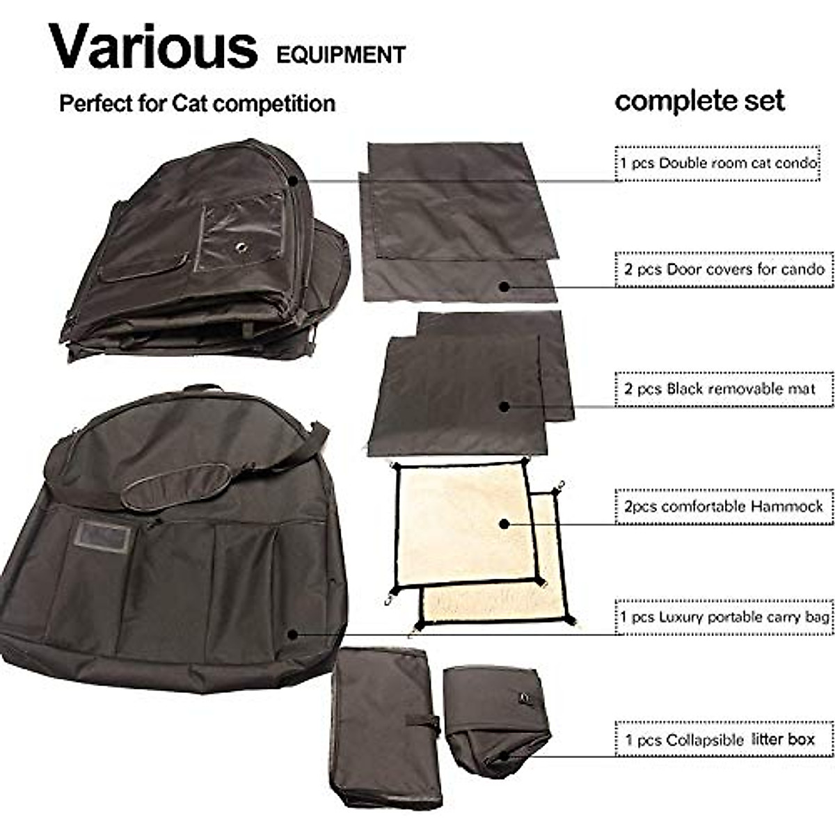 Mispace Portable Twin Compartment Show House Cat Cage/Condo - Easy to Fold & Carry Kennel - Comfy Puppy Home & Dog Travel Crate with Portable Carry Bag/Two Hammocks/Mats and Collapsible Litter Box