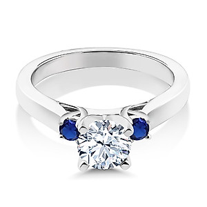 Gem Stone King 925 Sterling Silver White Zirconia and Blue Created Sapphire 3-Stone Engagement Ring For Women (1.76 Cttw, Round 6MM, Gemstone Birthstone, Size 7)