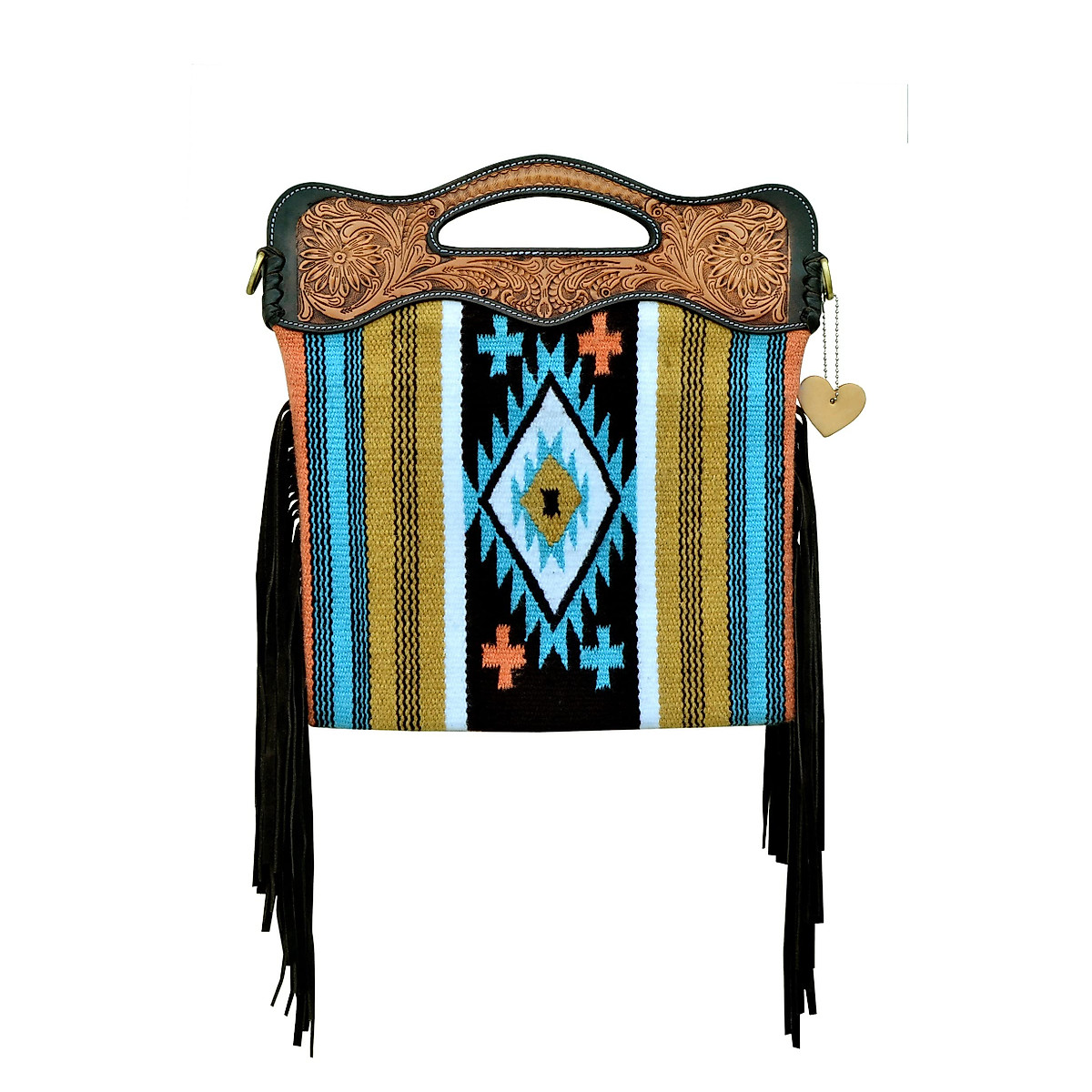 Affilare Saddle Blanket and Leather Crossbody Shoulder Bag with Fringes and Leather Hand Tooled Strap and Leather Hand tooled Panels 20AB010
