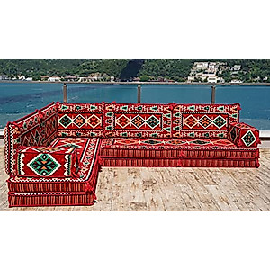 Red L Shaped Pallet Cushions, Arabic Floor Sofa Set, Oriental Floor Seating, Sectional Floor Cushion, Indoor Floor Pillows, Arabic Sofa Set (L Sofa Only)