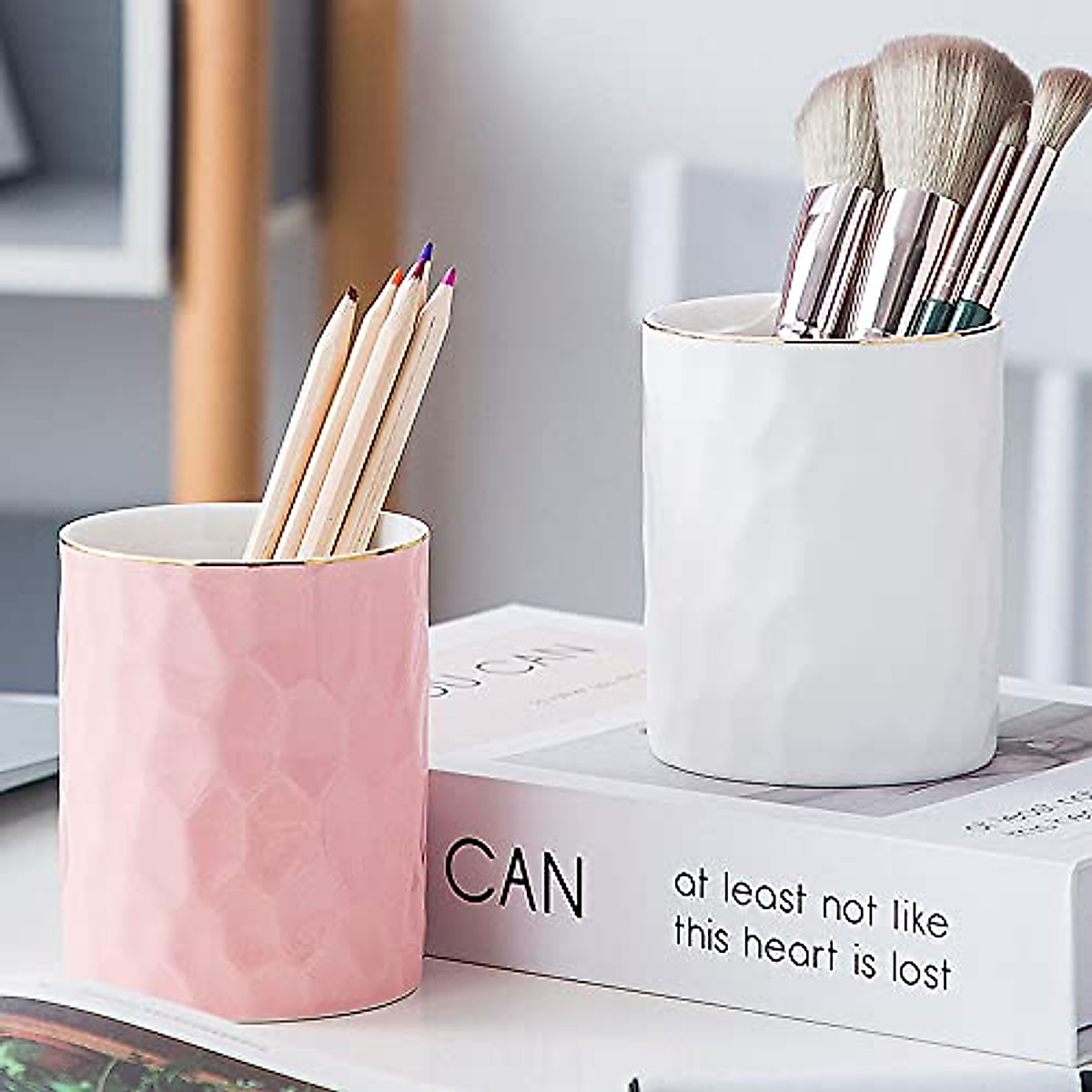 LifePassion Pen Pencil Holder for Desk, Ceramic Pen Pencil Cup, Stylish Desk Pen Organizer, White