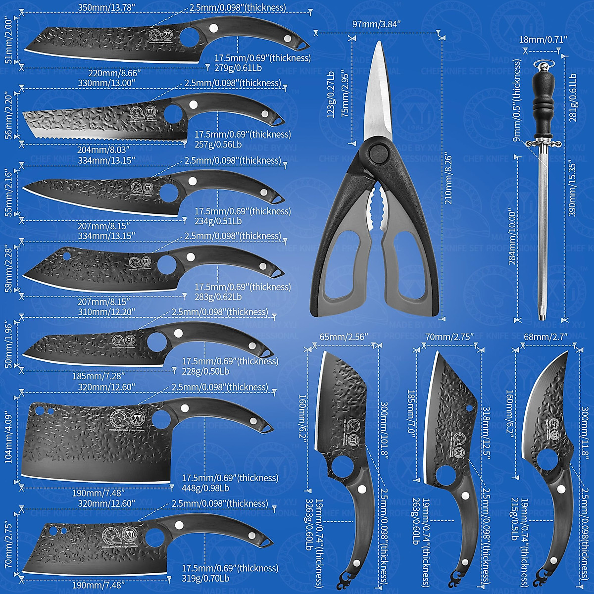 XYJ Professional Kitchen Knife Set with High-Carbon Steel Forged Blades, Chef's Knife, Cleaver, Carving Knife, Nakiri, Full Tang Design, Includes Carrying Bag & Poultry Scissors
