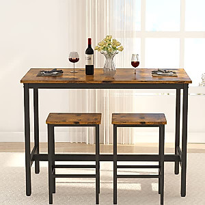 Lamerge 47.2" Bar Table Set,Pub Heigh Table with 2 Square Stools,Dining Table Set,Kitchen Counter with Bar Chairs,for Kitchen, Living Room/Sofaside,Small Space,Rustic Brown and Black